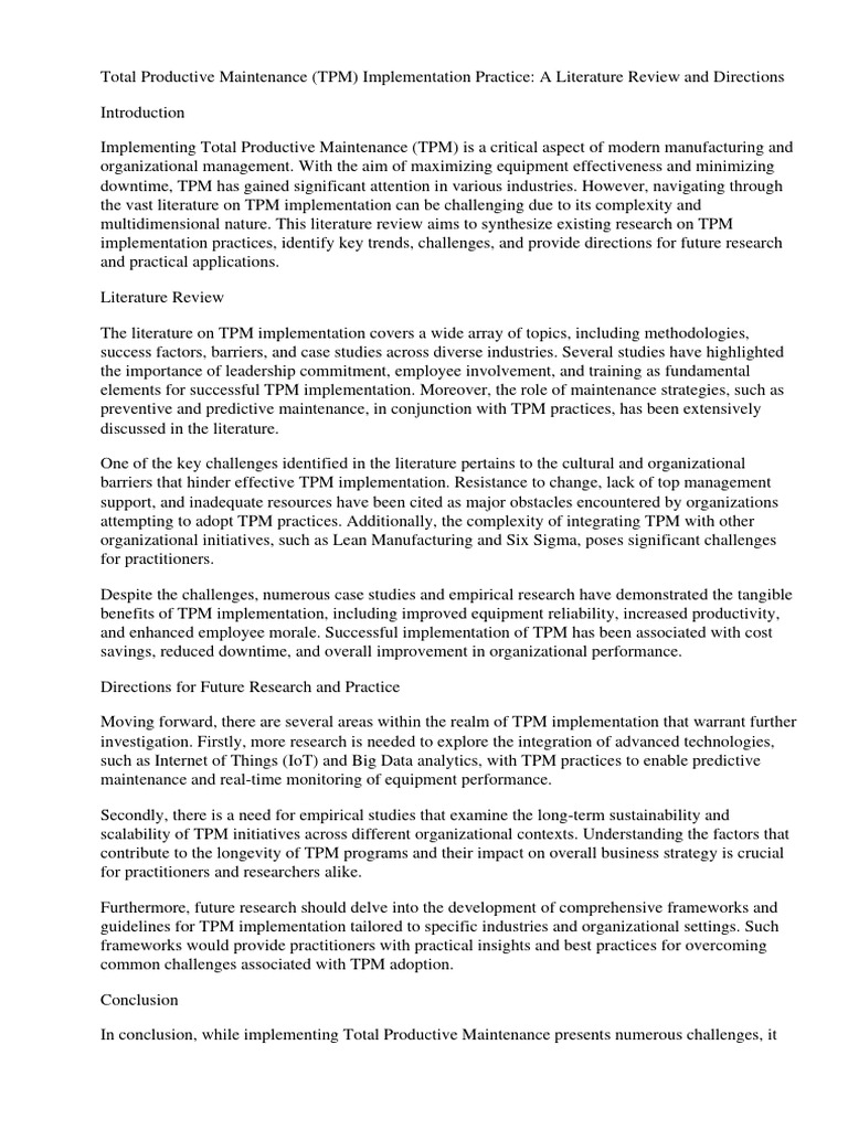 Total Productive Maintenance (TPM) Implementation Practice A Literature Review and Directions ...
