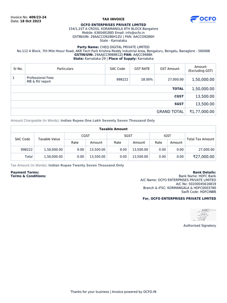 Invoice No: 409/23-24 Date: 18 Oct 2023: 1,50,000.00 1,50,000.00 13,500.00 13,500.00 Grand Total ...