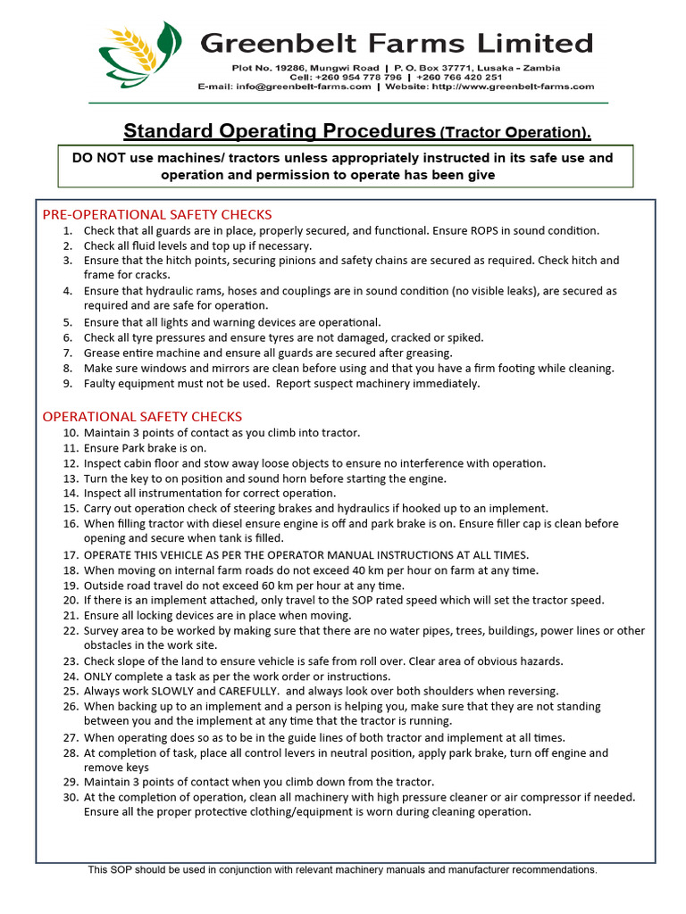 Standard Operating Procedures (Tractor Operation) | PDF | Tractor ...