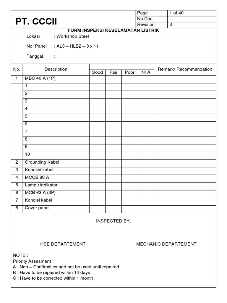 Form Inspeksi Keselamatan Listrik | PDF