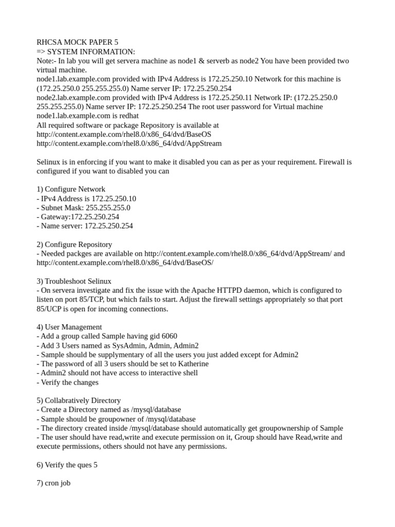 RHCSA Mockpaperpractice | PDF | Ip Address | Computing RHCSA Mockpaperpractice | PDF | Ip Address | Computing