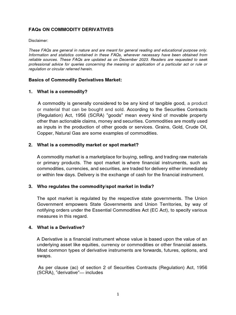 Faqs On Commodity Derivatives: A Product or Material That Can Be Bought and Sold | PDF | Futures ...