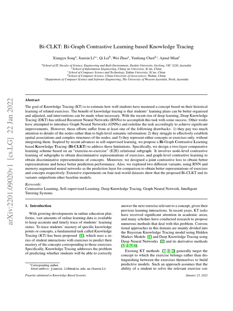 Bi-CLKT Bi-Graph Contrastive Learning Based Knowledge Tracing | PDF | Artificial Neural Network ...