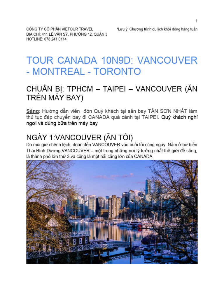 Tour Canada 10n9d - Vancouver - Montreal - Toronto VT | PDF