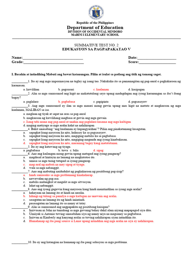 Grade V Summative No. 2 | PDF