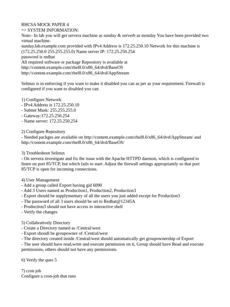 RHCSA MOCK PRACTICE Paper | PDF | Ip Address | Computer Science