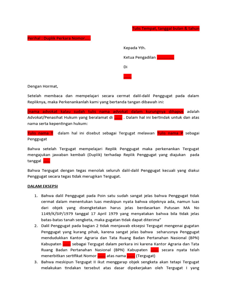 Contoh Surat Duplik Perdata Tergugat | PDF