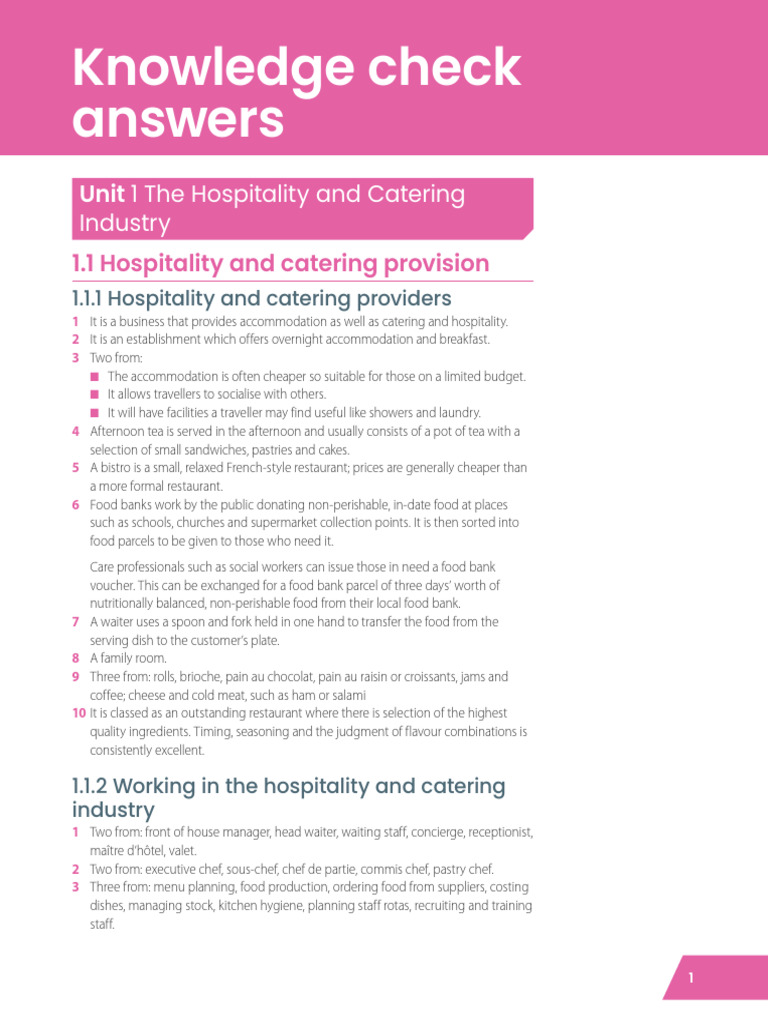Knowledge Check Answers WJEC Level1 2 Vocational Award in Hospitality ...