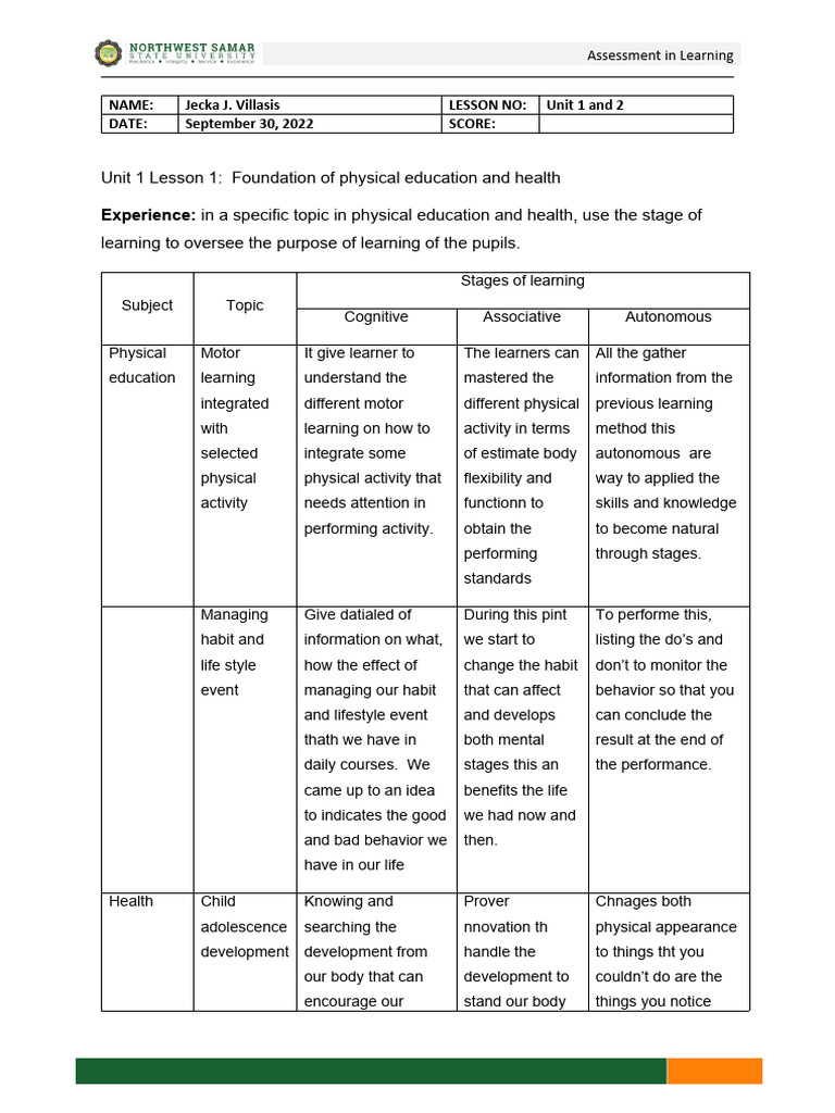 Unit 1 and 2 Lesson 1 and 2 | PDF | Learning | Physical Education