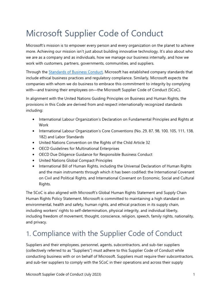 Microsoft Supplier Code of Conduct 2023 | PDF | Occupational Safety And ...