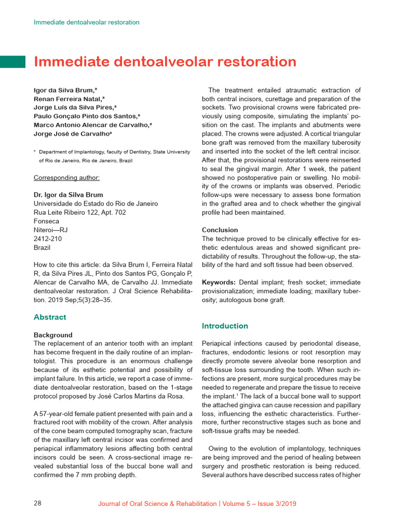 Immediate Dentoalveolar Restoration | PDF | Dental Implant | Health ...