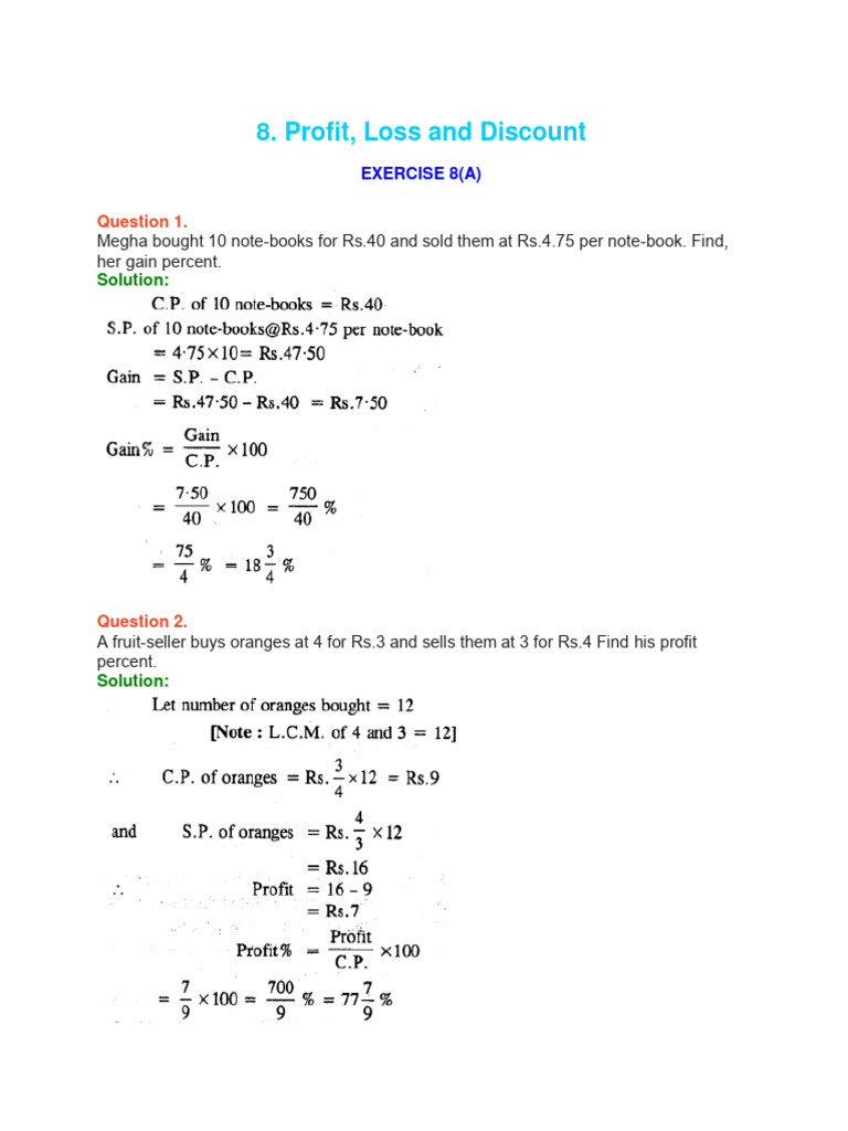 Class 8 Profit and Loss Exercises | PDF | Value Added Tax | Taxes