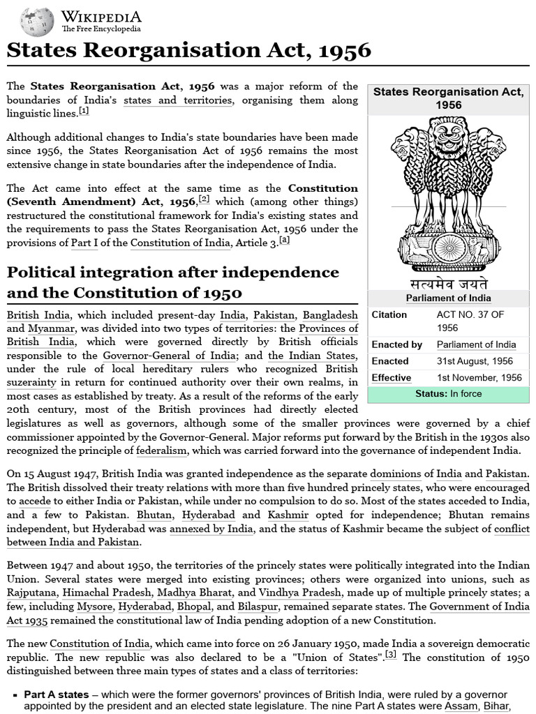 States Reorganisation Act, 1956 - Wikipedia | PDF | International ...