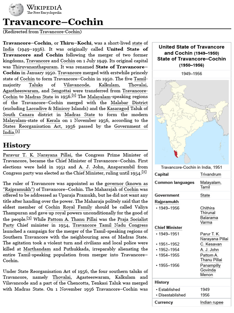 Formation of Travancore-Cochin State | PDF