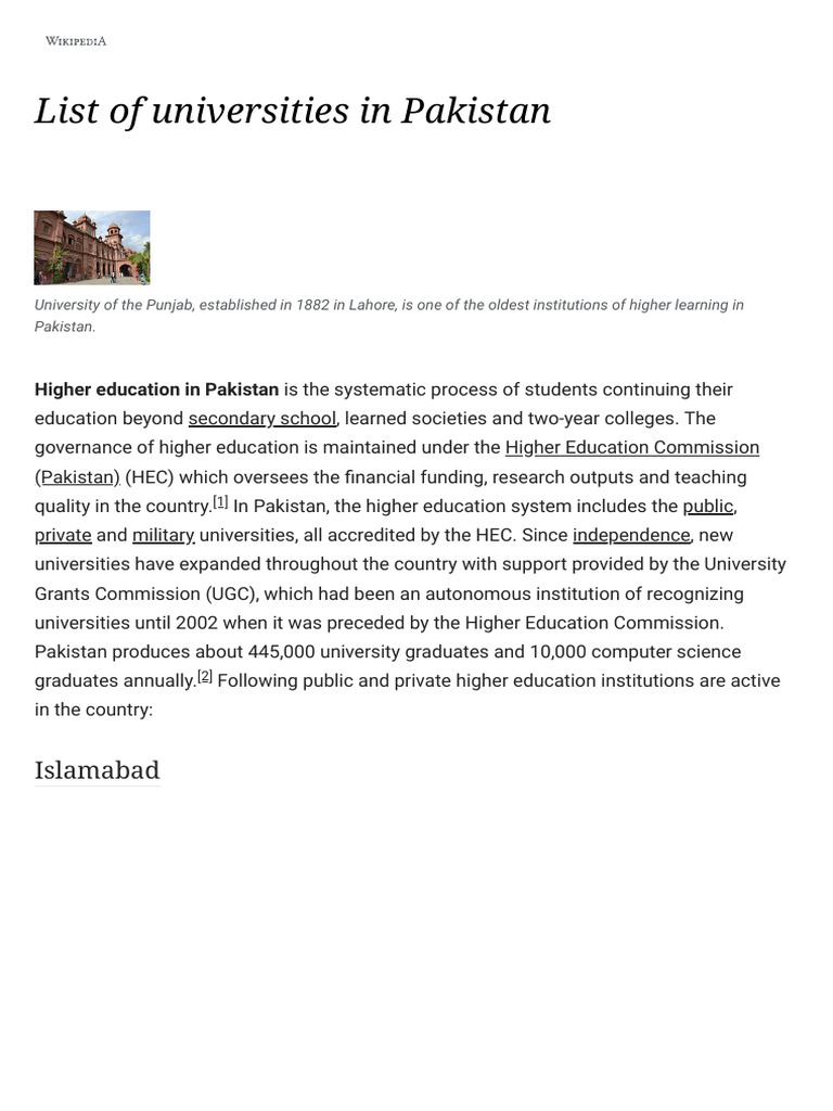List of Universities in Pakistan. | PDF | Karachi | Peshawar
