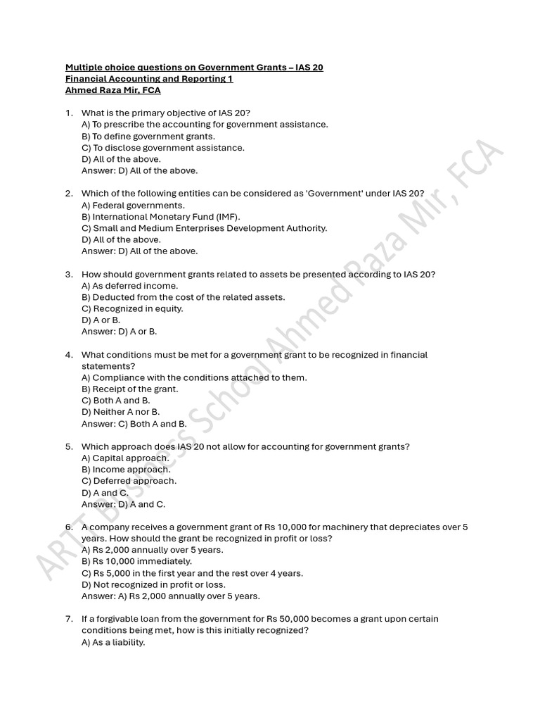IAS 20 Government Grants MCQs | PDF | Expense | Income