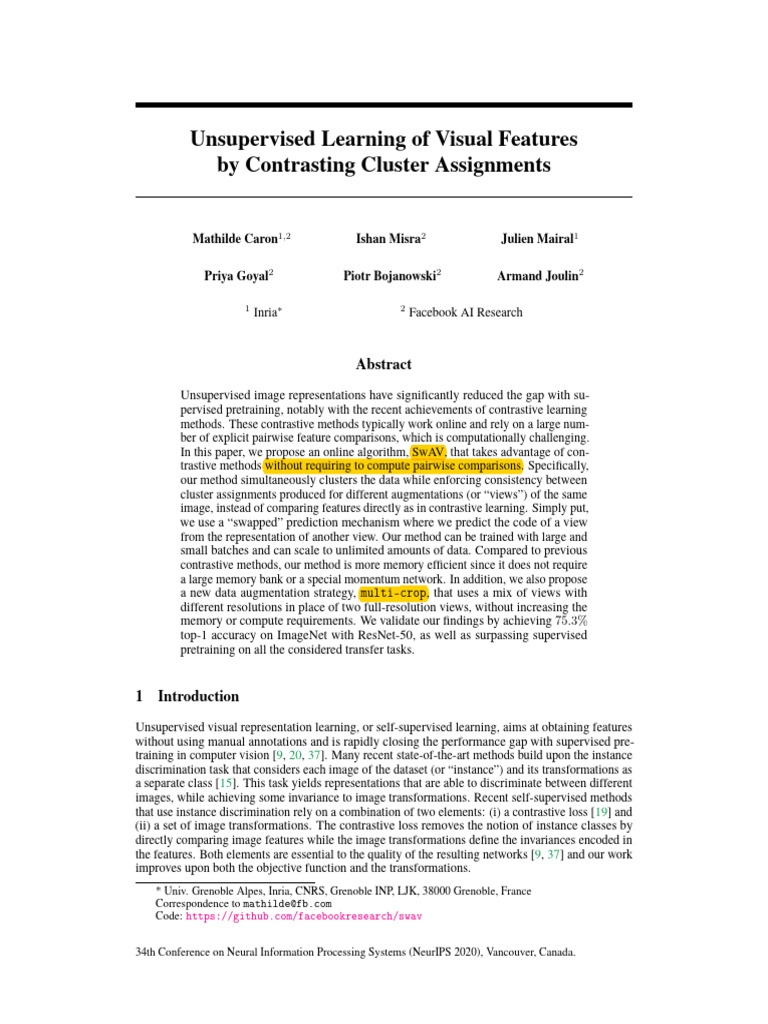 Unsupervised Learning of Visual Features by Contrasting Cluster ...