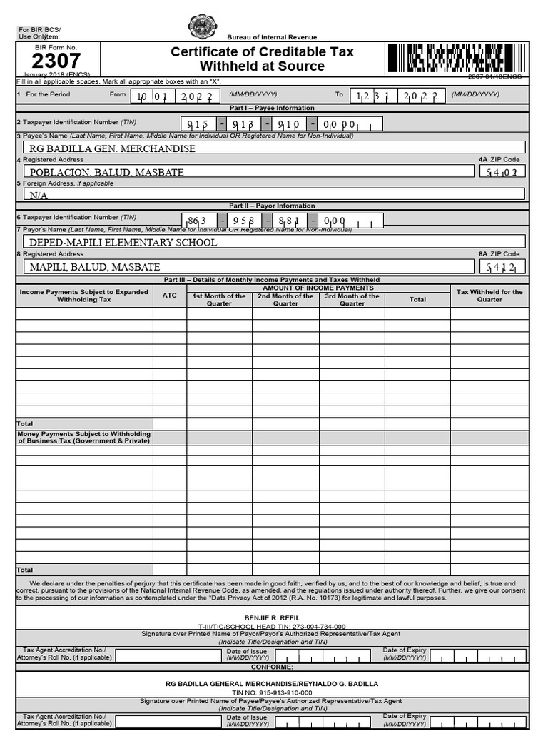 Bir Form 2307 | PDF | Value Added Tax | Corporate Tax