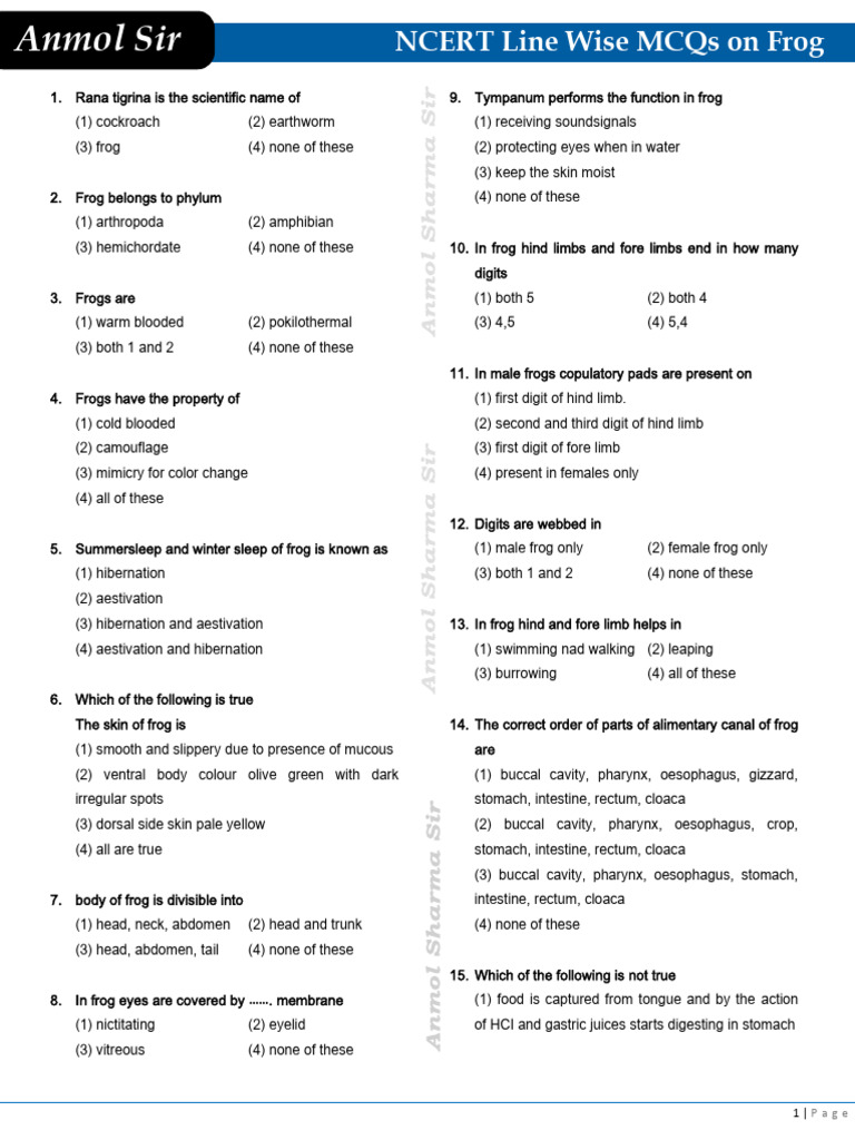NCERT MCQs on Frog for NEET Preparation | PDF | Heart | Frog