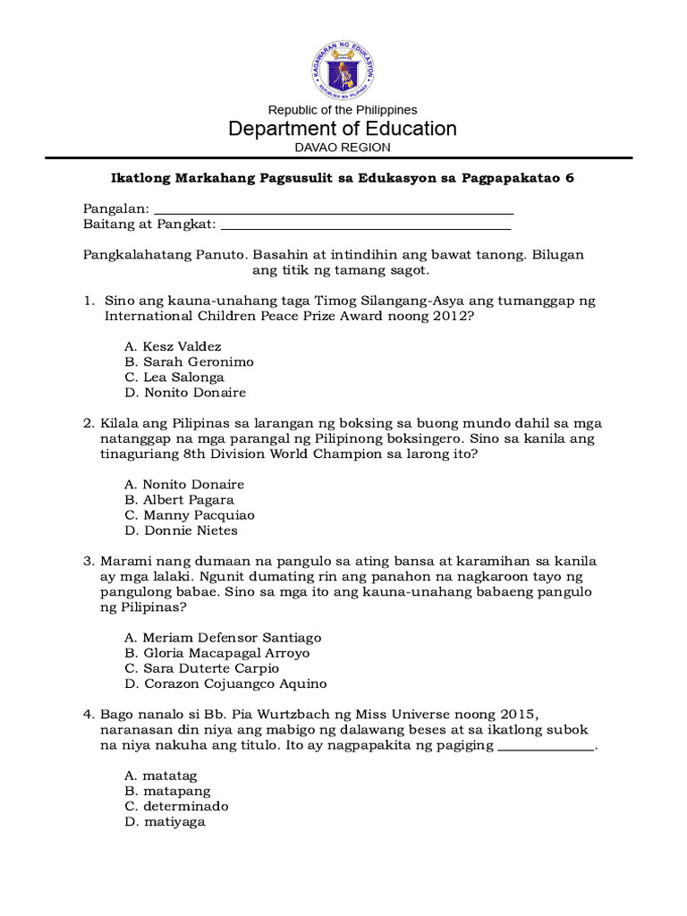 Quarterly Test - Q3 EsP 6 | PDF