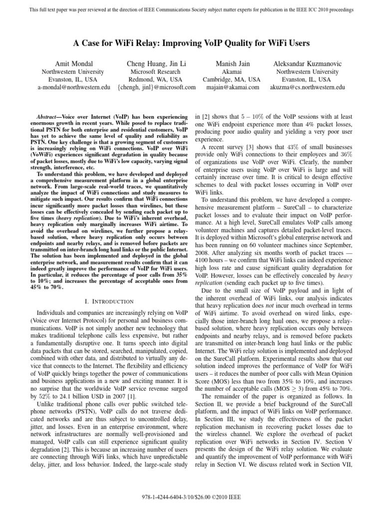 A Case For WiFi Relay Improving VoIP Quality For WiFi Users | PDF | Voice Over Ip | Wi Fi