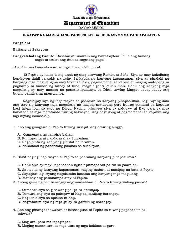Quarterly Test - Q4 EsP 6 | PDF