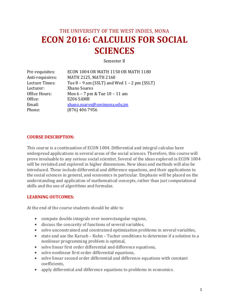 Calculus for Social Sciences Syllabus | PDF | Mathematical Optimization ...