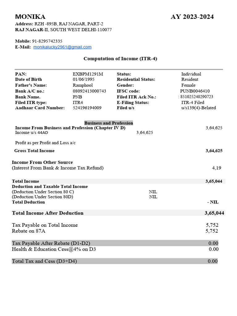 Computation - Computation (23-24) | PDF | Tax Refund | Tax Deduction