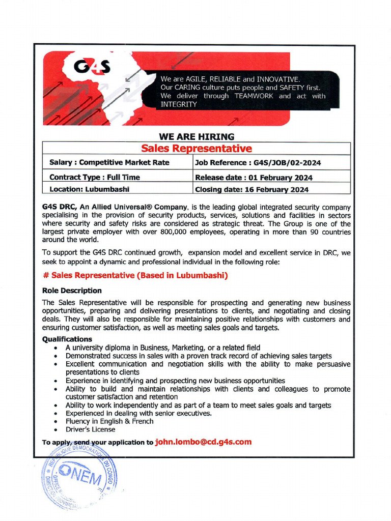 Job Advert Sales Representative Lubumbashi | PDF