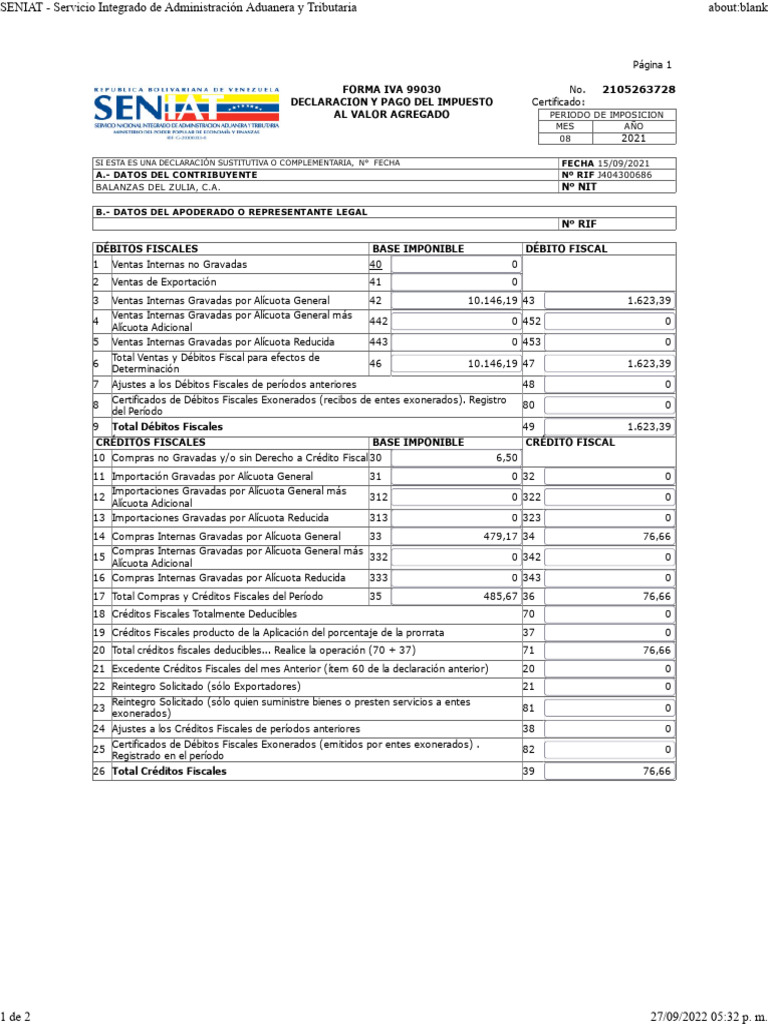 Declaración IVA Agosto 2021 Zulia | PDF | Impuestos | Impuesto al valor agregado
