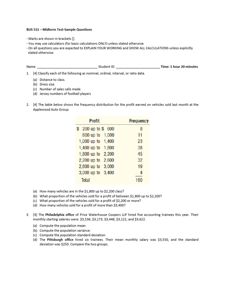 BUS 511-Midterm-Test - 1-SampleQuestions | PDF | Sales | Quartile