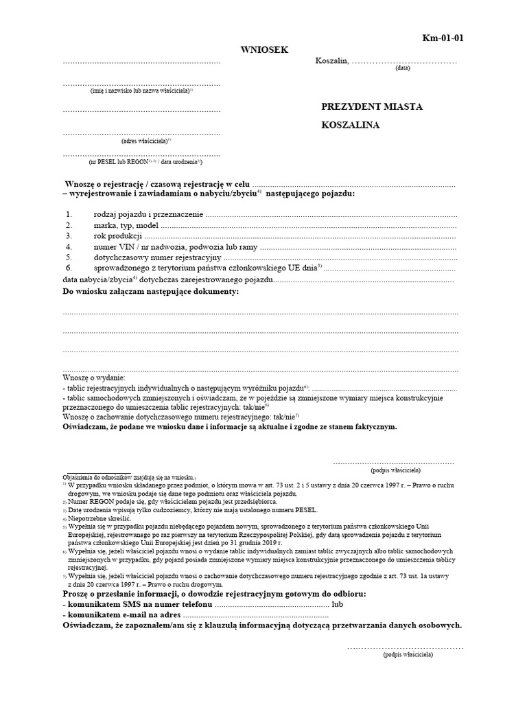 Km-01-01 Wniosek o Rejestrację Pojazdu | PDF
