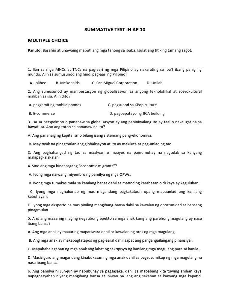 Summative Test in AP 10 | PDF