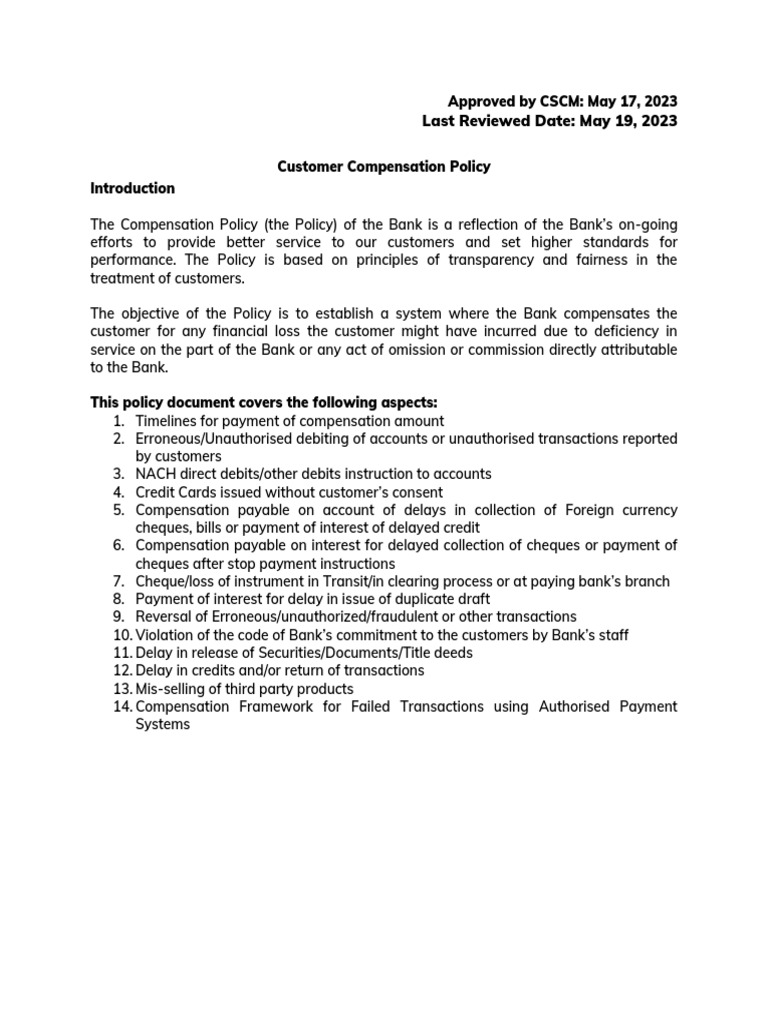 Customer Compensation Policy Overview | PDF | Cheque | Banks