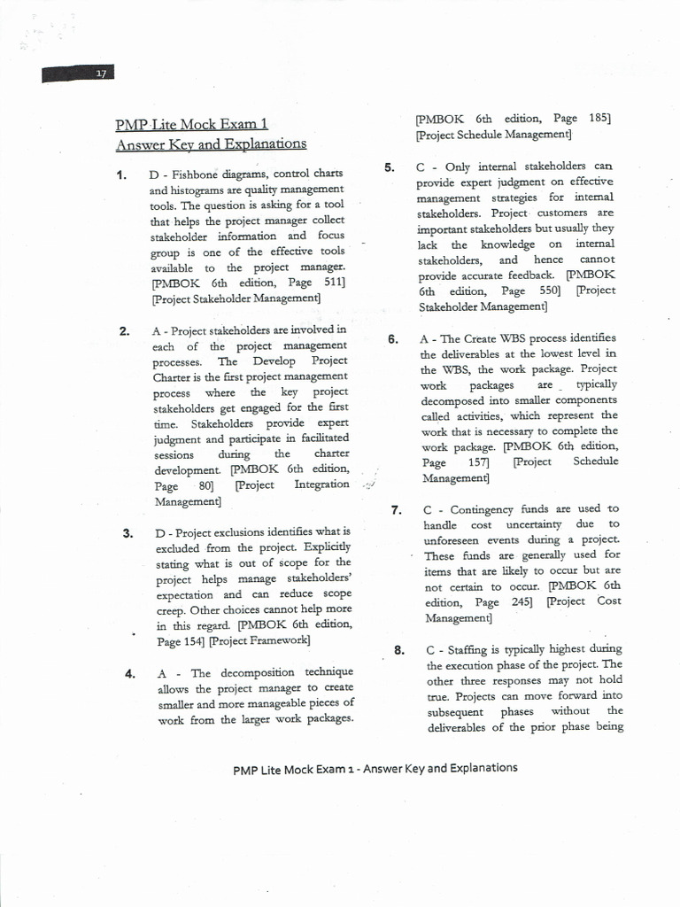 PMP Lite Mock Exam 1 Key Answer and Explanations | PDF
