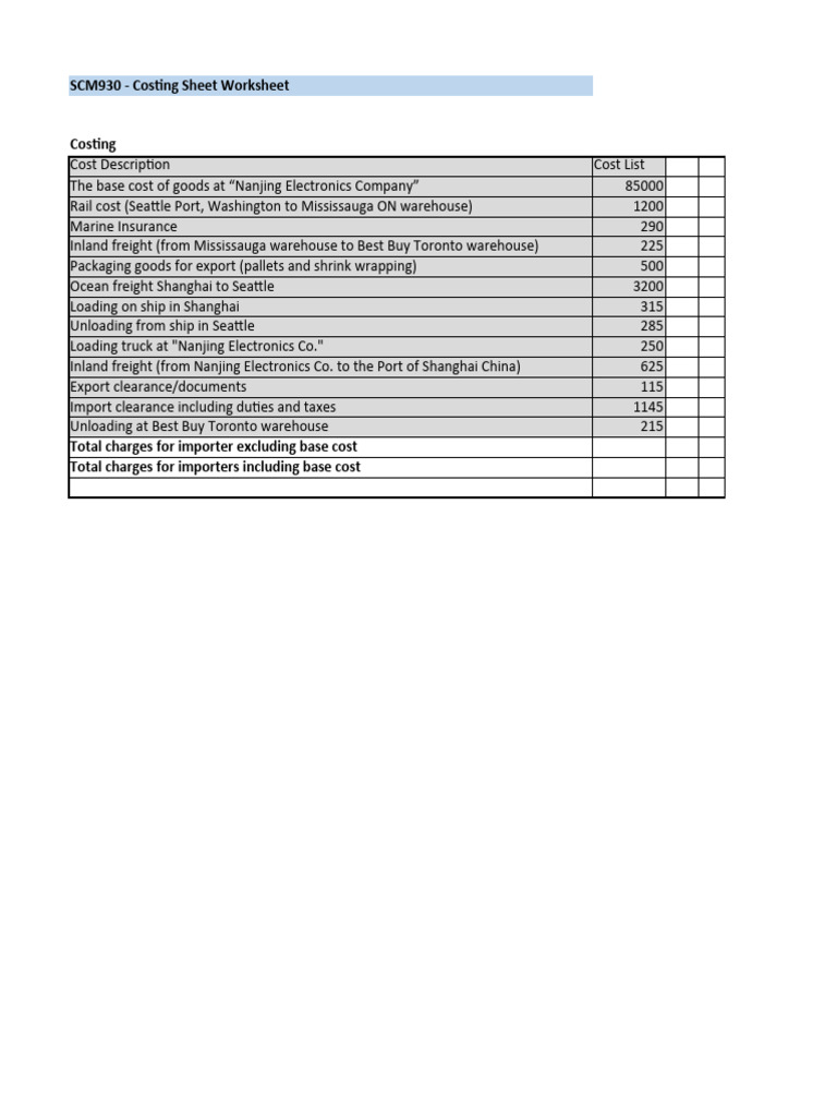 SCM 930 - Costing Exercise Worksheet | PDF | Warehouse | Cargo
