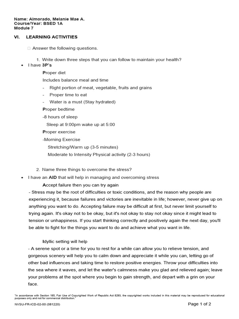 NSTP1 MODULE-7 Answer | PDF | Physical Education | Health Education