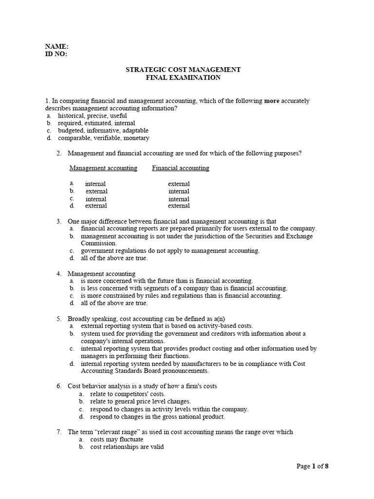Strategic Cost Management Final Exam Pdf Management Accounting
