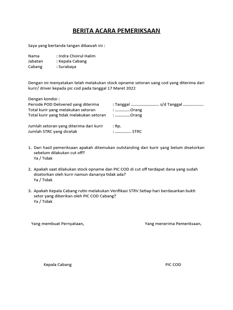 Berita Acara Pemeriksaan Cash Opname Kepala Cabang (Setoran Cod) | PDF