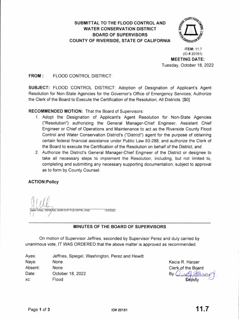 Riverside Flood Control Agent Resolution | PDF | Emergency Management ...