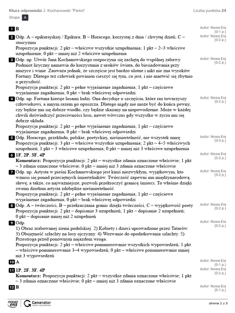3 1 J Kochanowski Piesni Klucz Odpowiedzi PDF