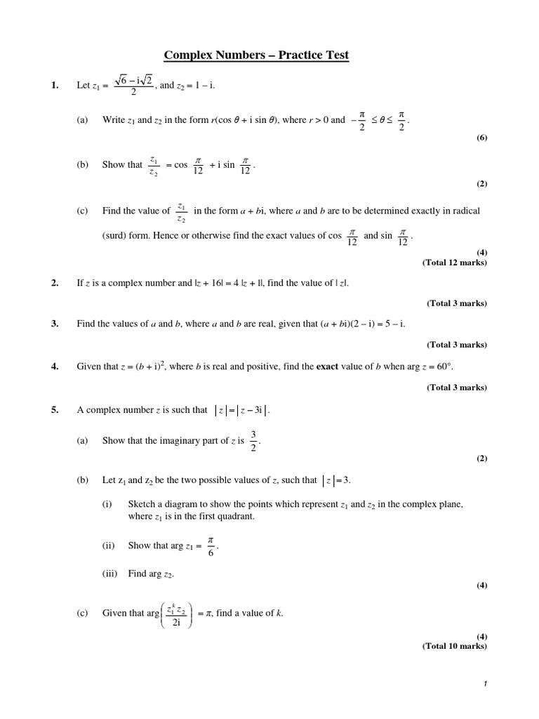 Complex Numbers Practice Test | PDF | Complex Number | Mathematical Objects
