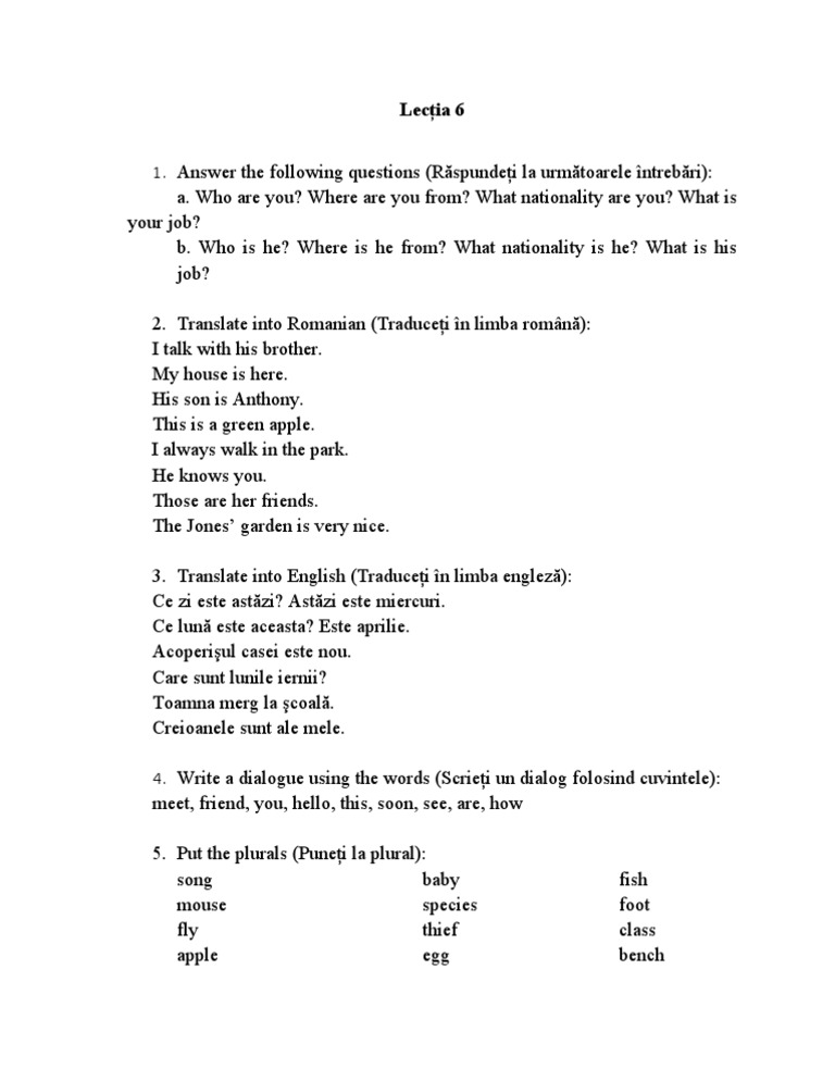 Romanian Language Lesson 6 Exercises | PDF