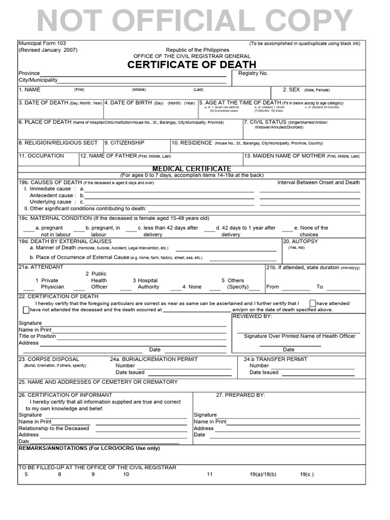 Certificate of Death (Municipal Form 103) | PDF | Affidavit | Health Care