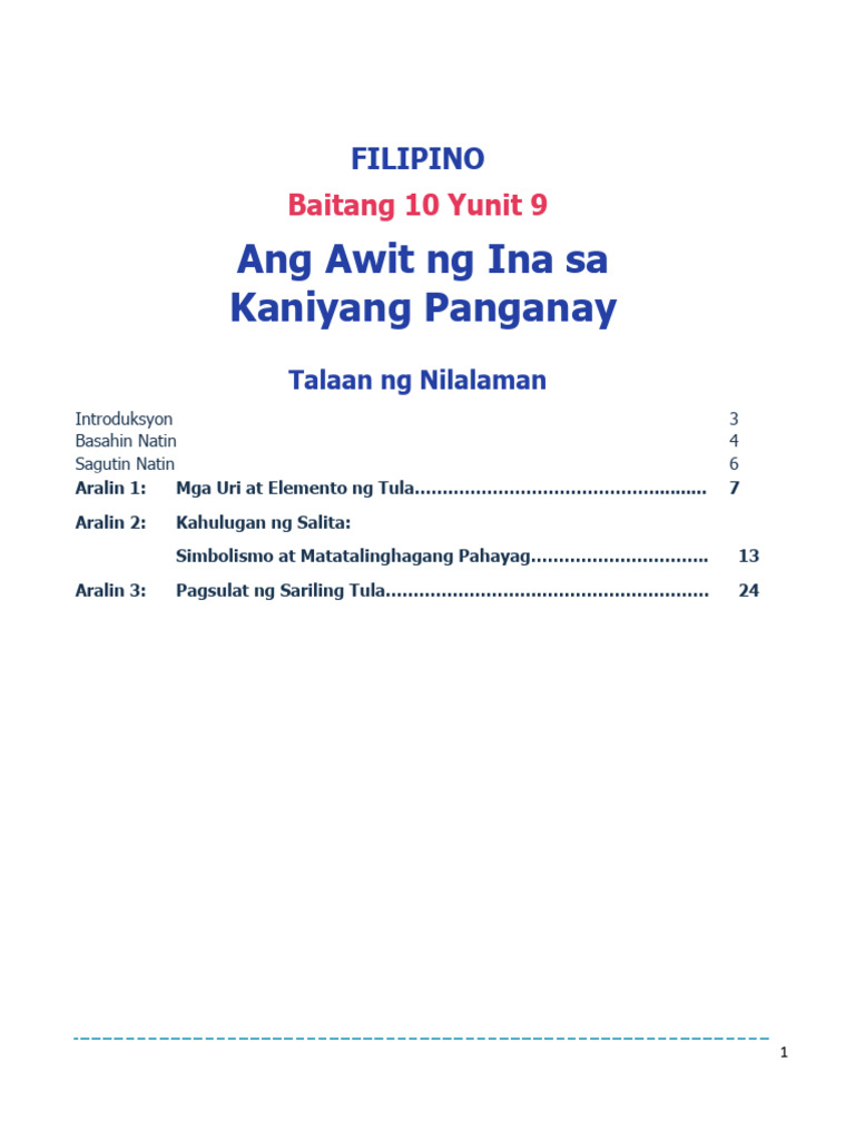 YUNIT 9 Filipino 10 "Ang Awit NG Ina Sa Kaniyang Panganay" | PDF