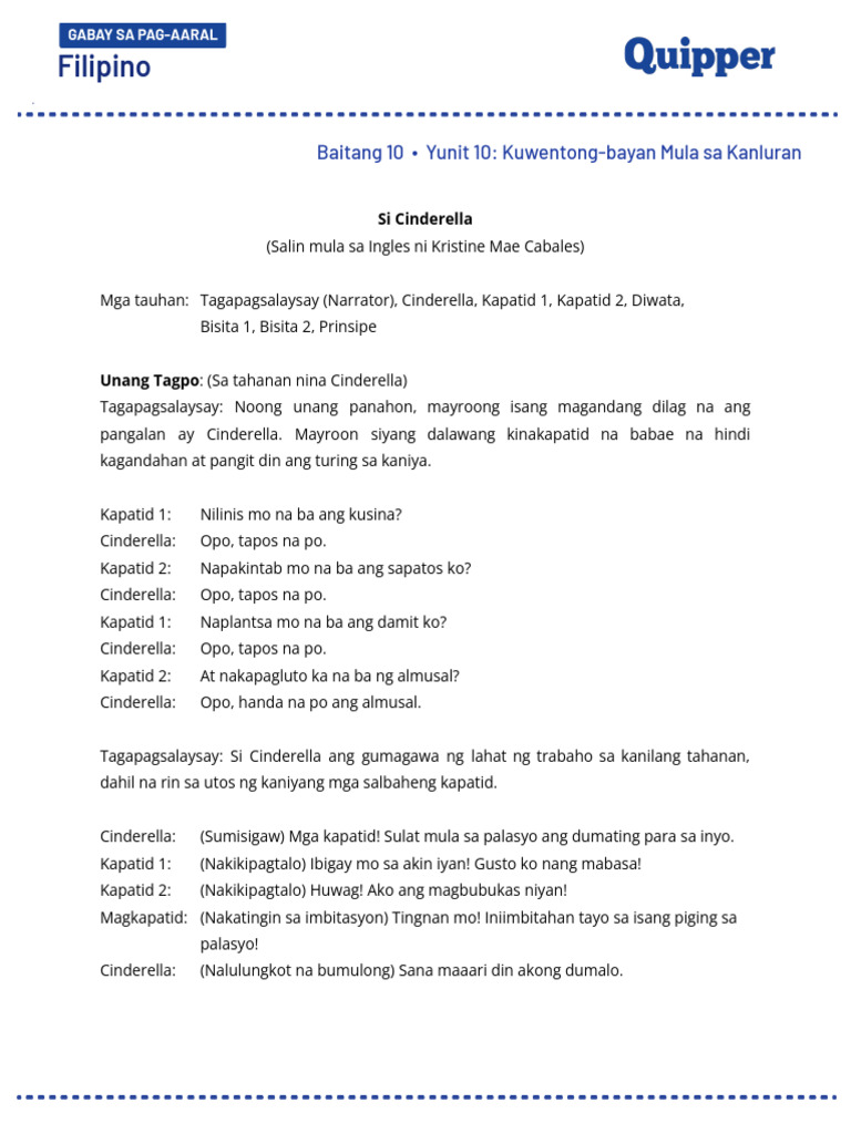 Grade 10 - YUNIT 6 - Si Cinderrella (Dula) | PDF