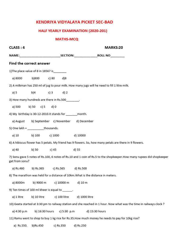 Class 4 Half Yearly Exam MATHS Model Question Paper 1 | PDF