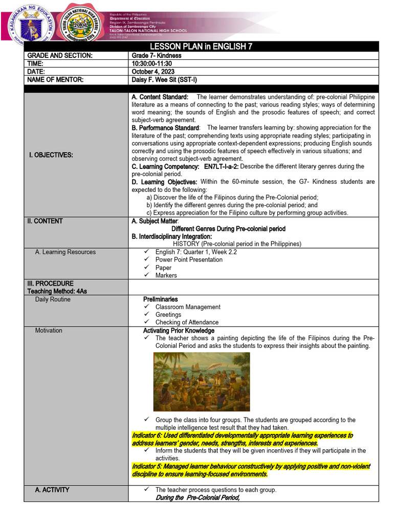 Pre-Colonial Literary Genres Lesson Plan | PDF | Learning | Teachers