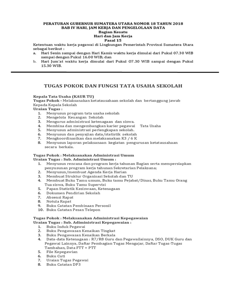 Jam Kerja Dan Tupoksi Tata Usaha Sekolah | PDF
