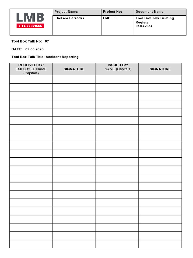 Tool Box Talk Register | PDF